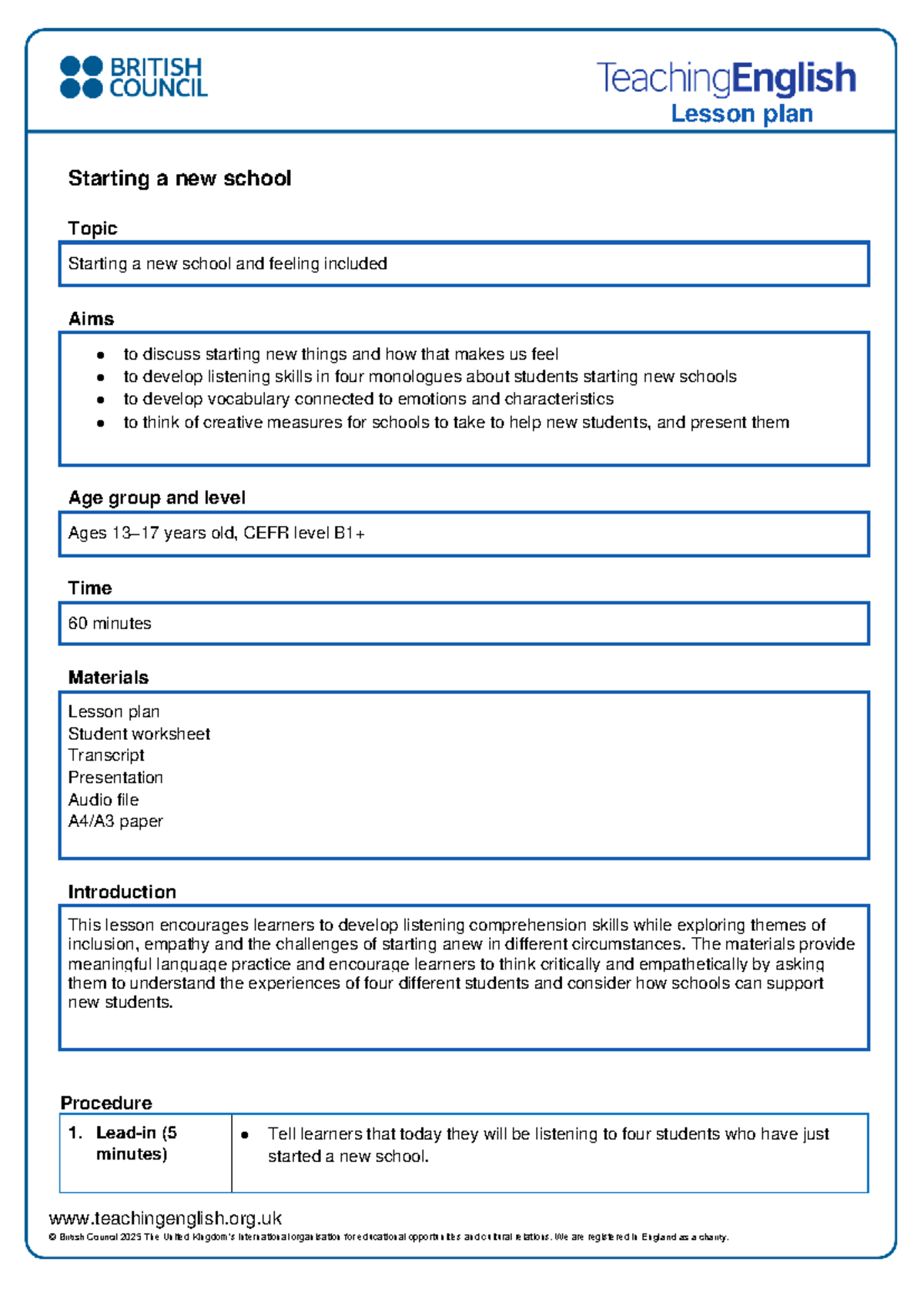 B1 Lesson Plan: Starting a New School & Inclusion Strategies - Studocu