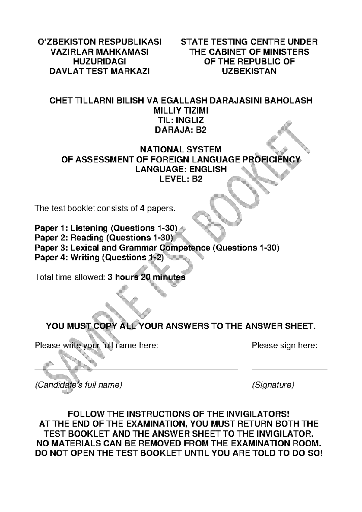 B2 Level English Proficiency Test Sample Booklet for FCE Exam - Studocu