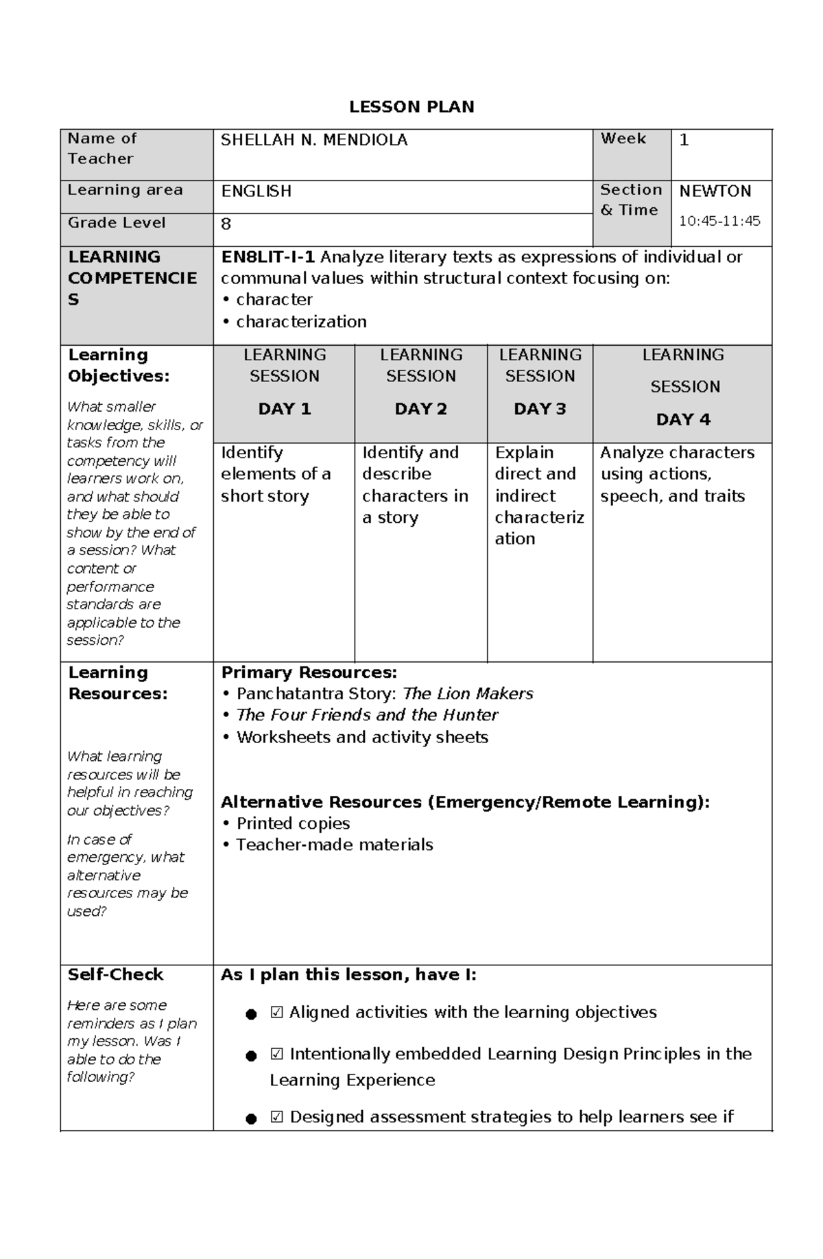 DLP ENG8 T1 W1: Lesson Plan on Characterization in Literature - Studocu