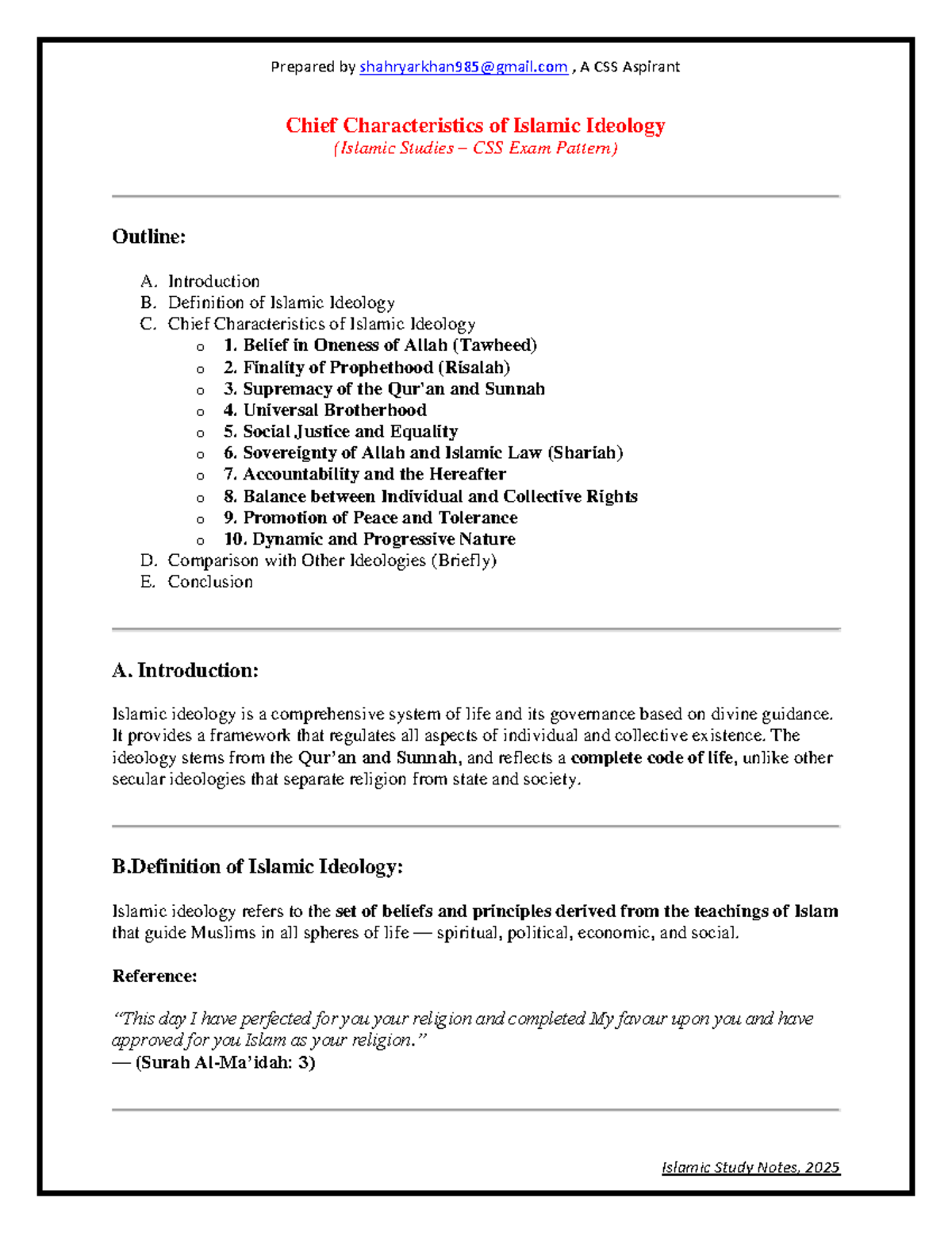 CSS Islamic Studies: Chief Characteristics of Islamic Ideology - Studocu