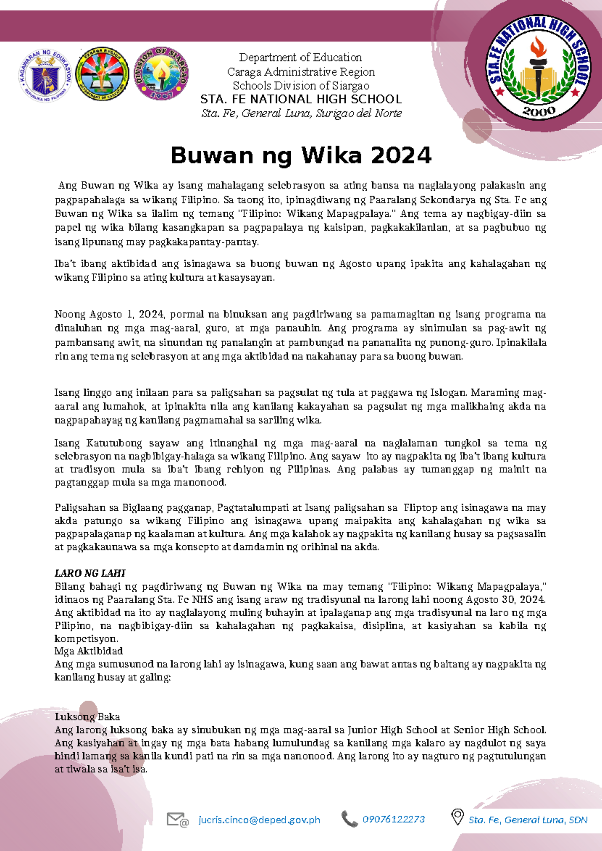Buwan ng Wika 2024: Isang Narrative Report ng Sta. Fe NHS - Studocu