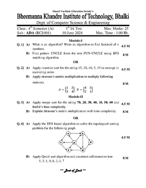 ADA 18CS42 Model Question Paper - Design & Analysis of Algorithms - Studocu