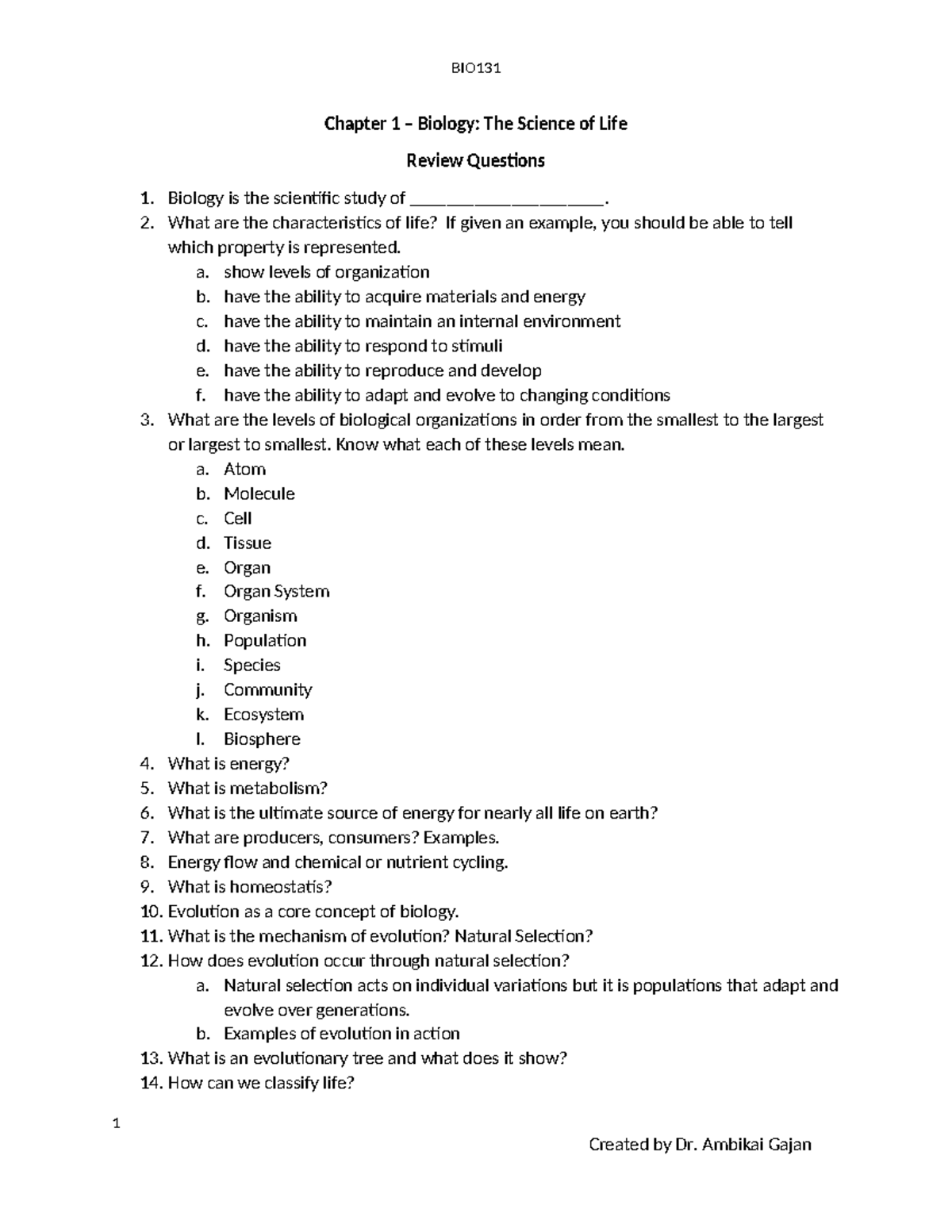 BIO131 Chapter 1 - Biology: Key Concepts and Review Questions - Studocu