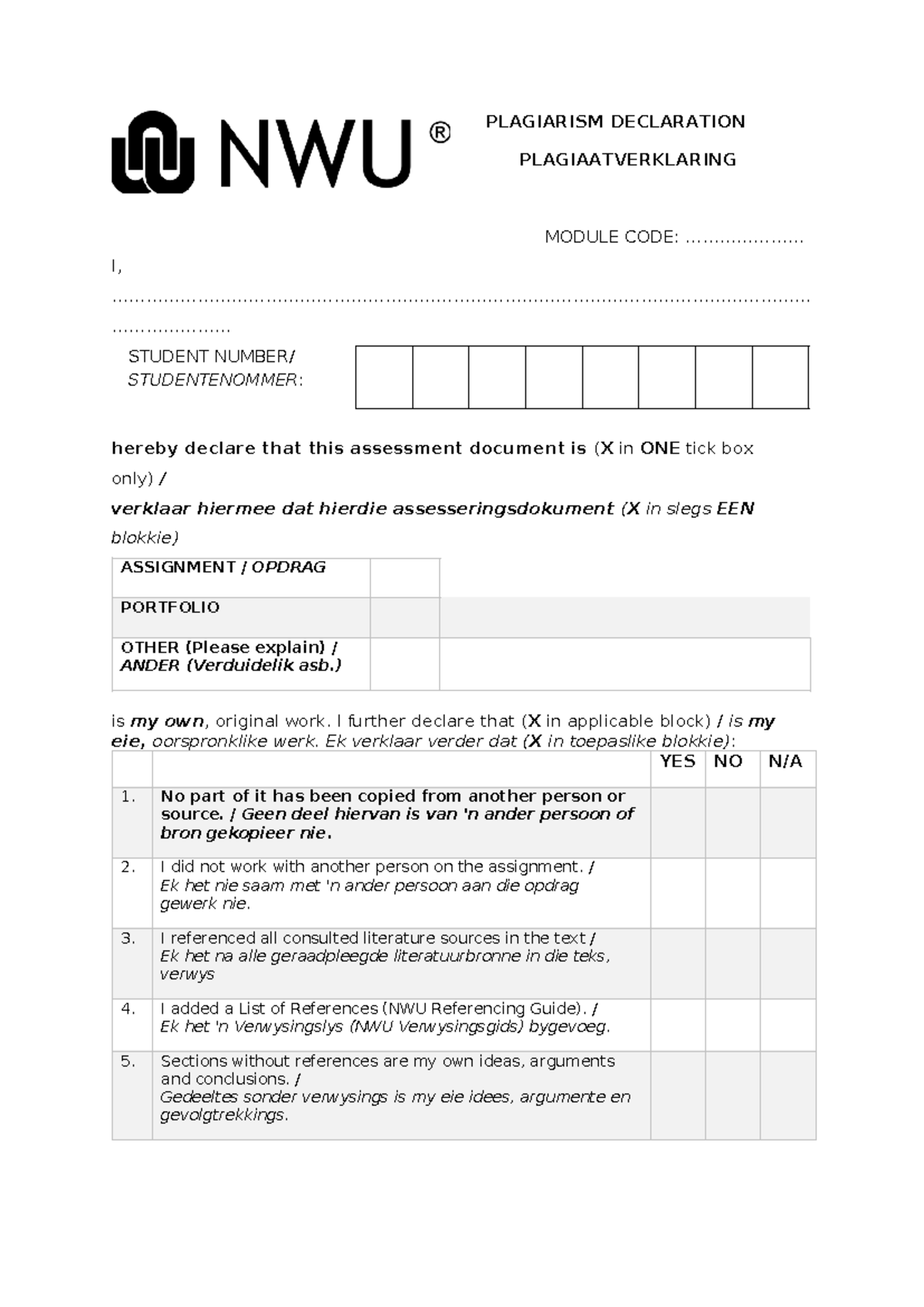 Plagiarism Declaration Form - Module Code: ________ - Studocu