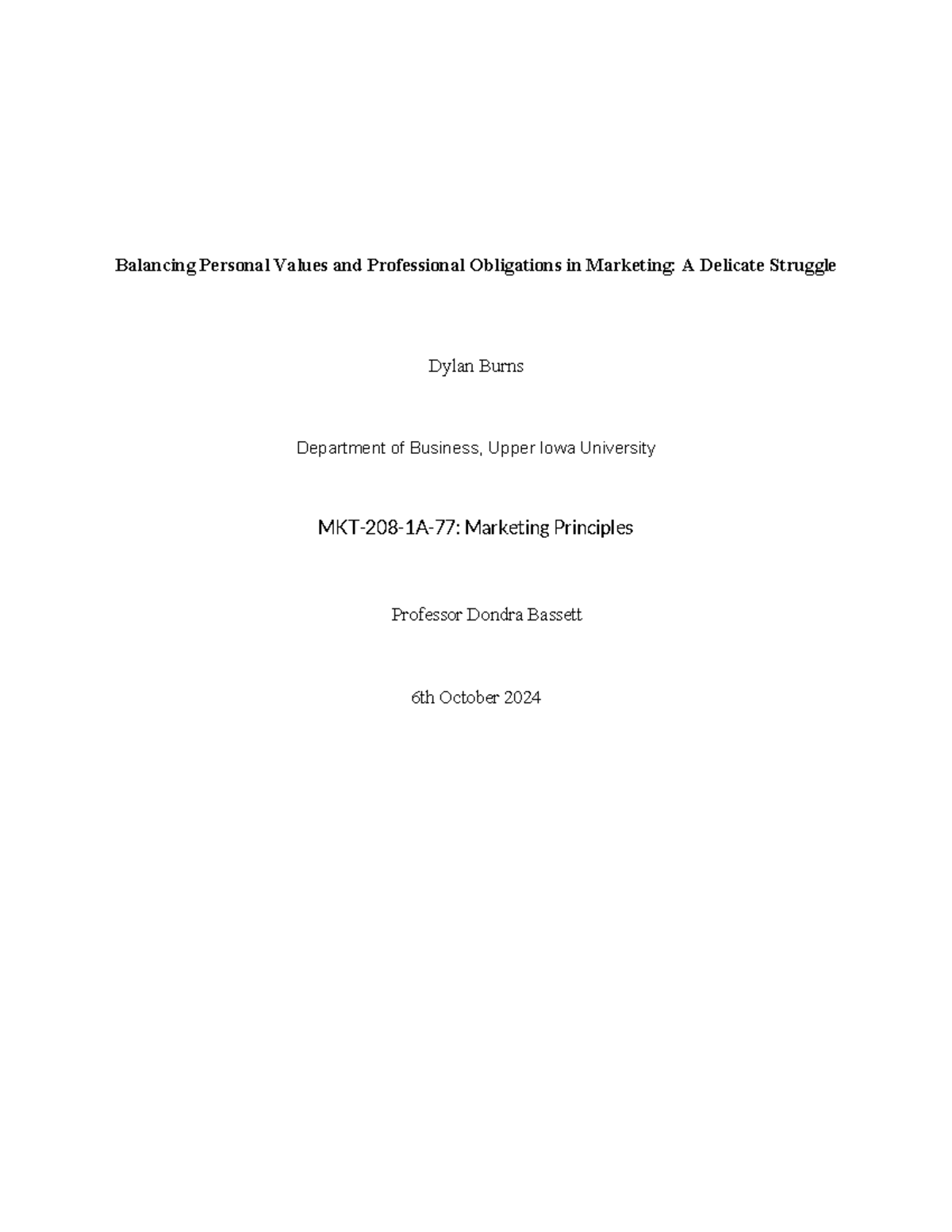Balancing Personal Values & Professional Obligations in MKT 101: A ...