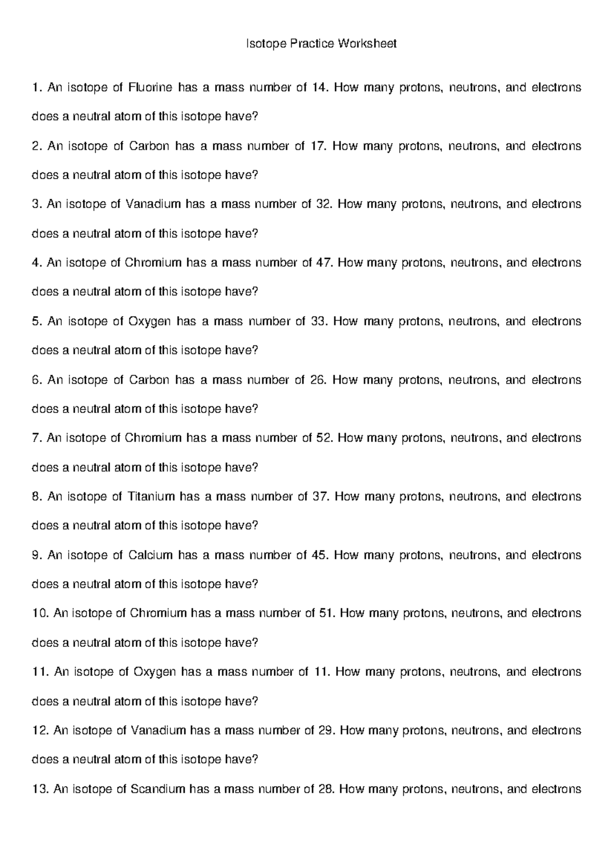 Isotope Practice Worksheet for Chemistry - Detailed Atomic Analysis ...