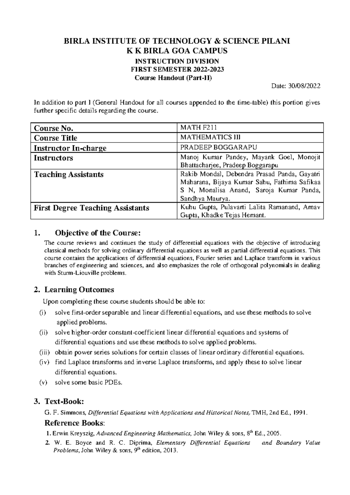 MATH F211-Handout - Official Handout - BIRLA INSTITUTE OF TECHNOLOGY & SCIENCE PILANI K K BIRLA ...