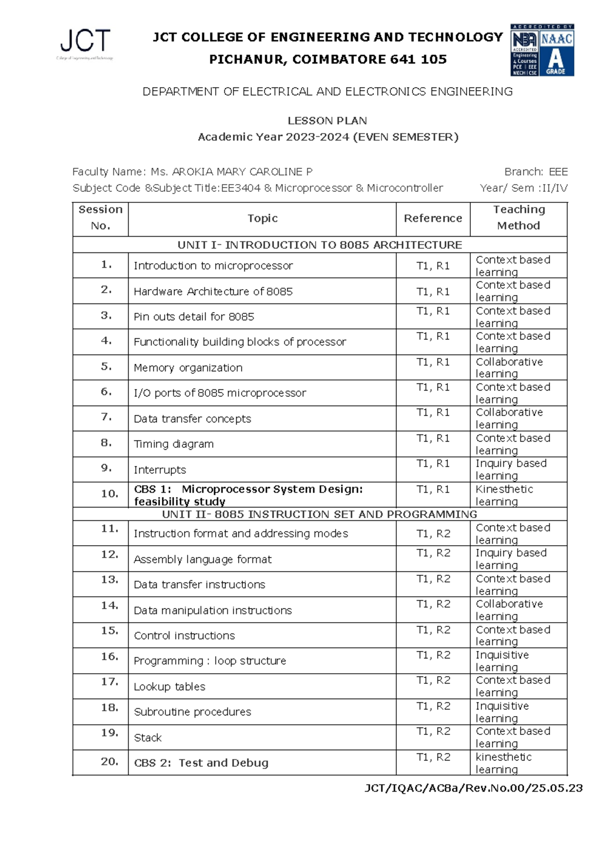 EE3404 Lesson Plan: Microprocessors & Microcontrollers (2023-24) - Studocu