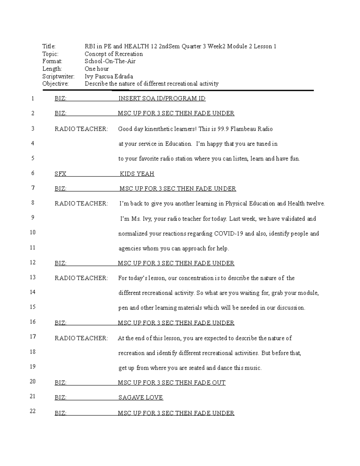RBI Script 2nd Week CELE - Title: RBI in PE and HEALTH 12 2ndSem ...