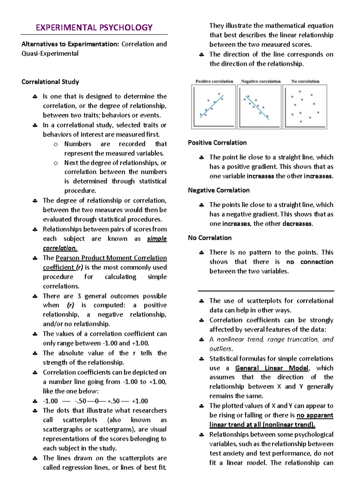 Experimental Psychology (Midterm) Study Guide on Correlation and ...