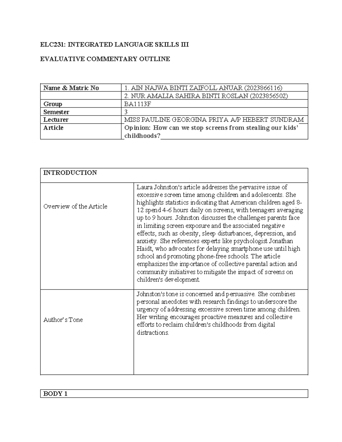 Argumentative essay outline - ELC231: INTEGRATED LANGUAGE SKILLS III ...