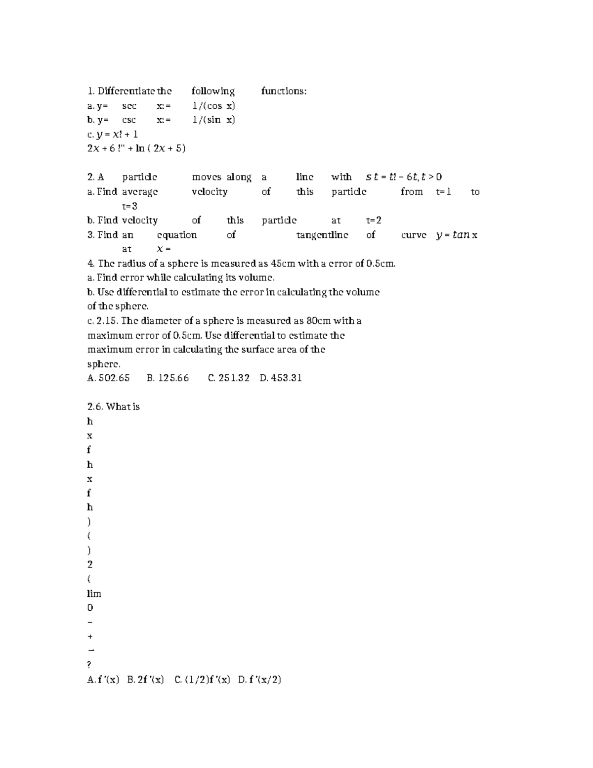 Review for Derivatives: Key Concepts and Problems (MATH 101) - Studocu