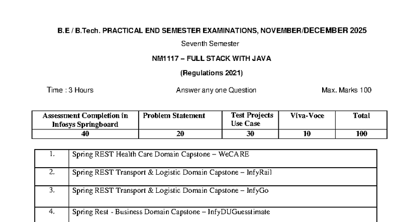 B.E B.Tech. 7th Sem Full Stack Java Practical Exam 2025 - Studocu