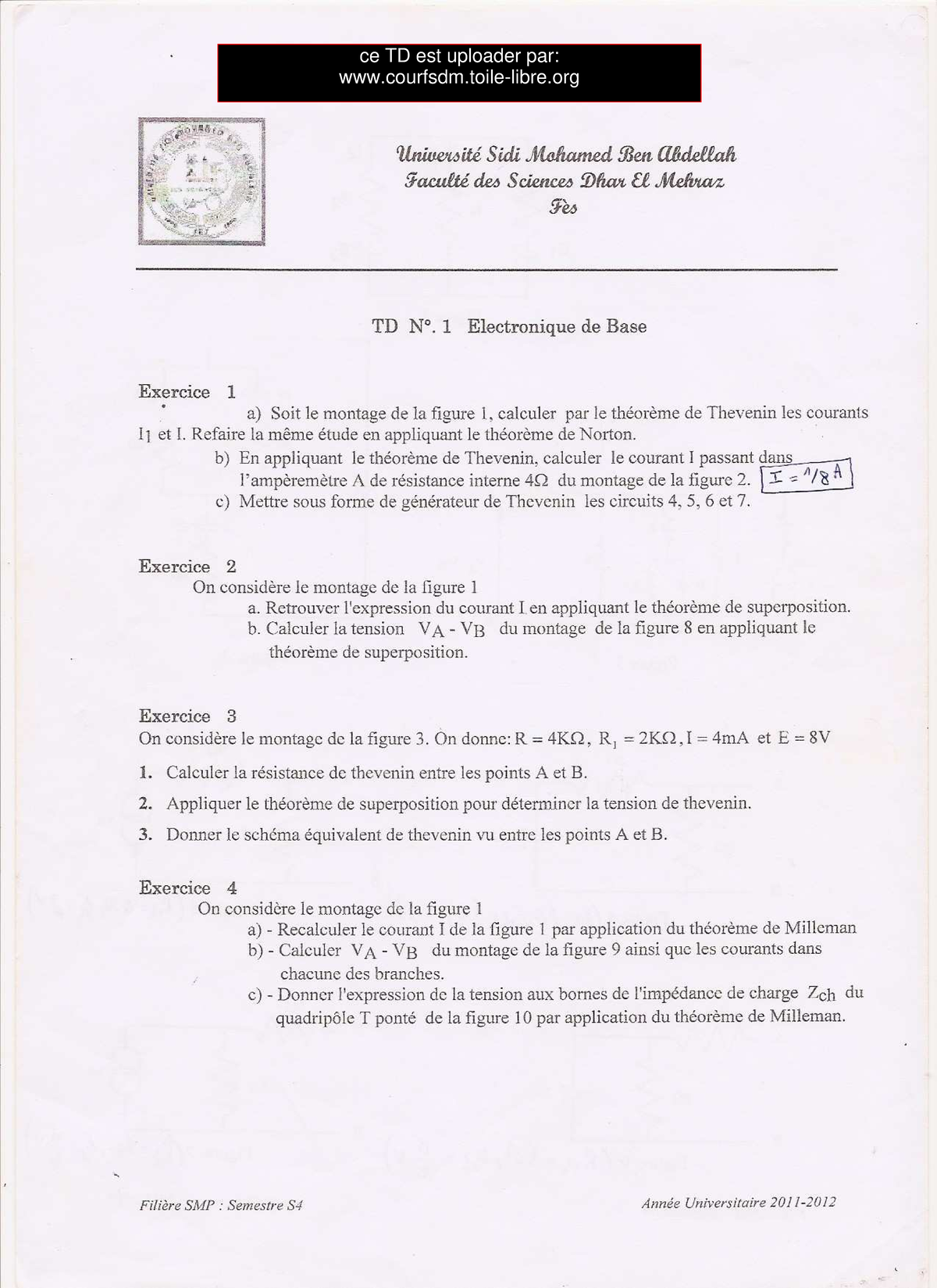 TD 1: Exercices d'Électronique de Base - FS Fès 2011-2012 - Studocu