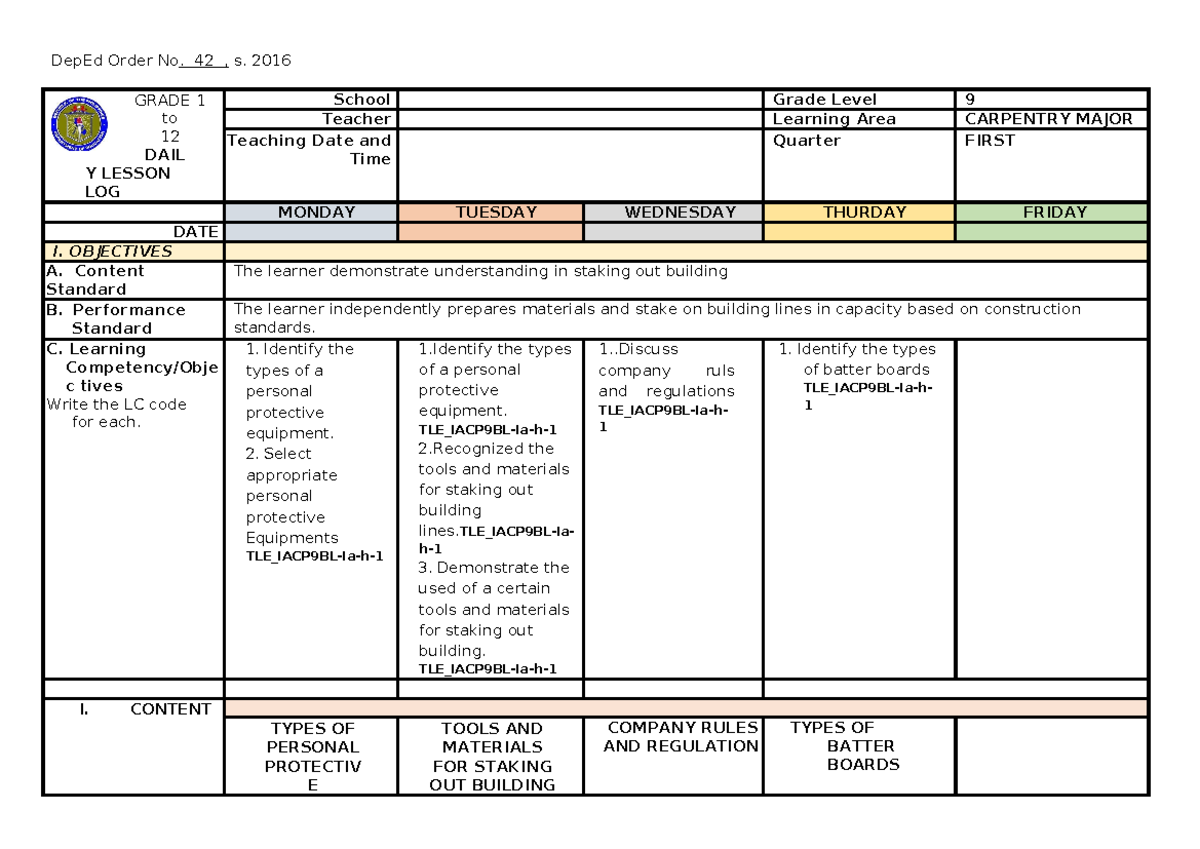 Grade 9 Carpentry Daily Lesson Log - 1st Quarter - Studocu