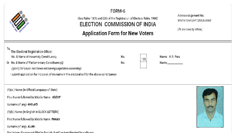 Application Form for New Voters - ECI Registration Rules 1960 - Studocu