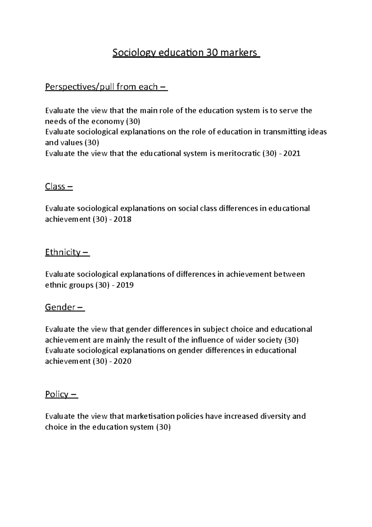 Sociology Paper 1 AQA: 30 Marker Questions Overview & Evaluations - Studocu