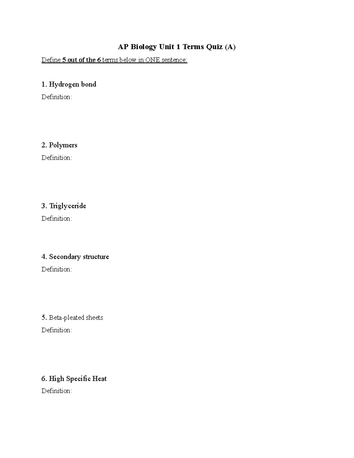 AP Biology Unit 1 Terms Quiz: Definitions and Concepts - Studocu