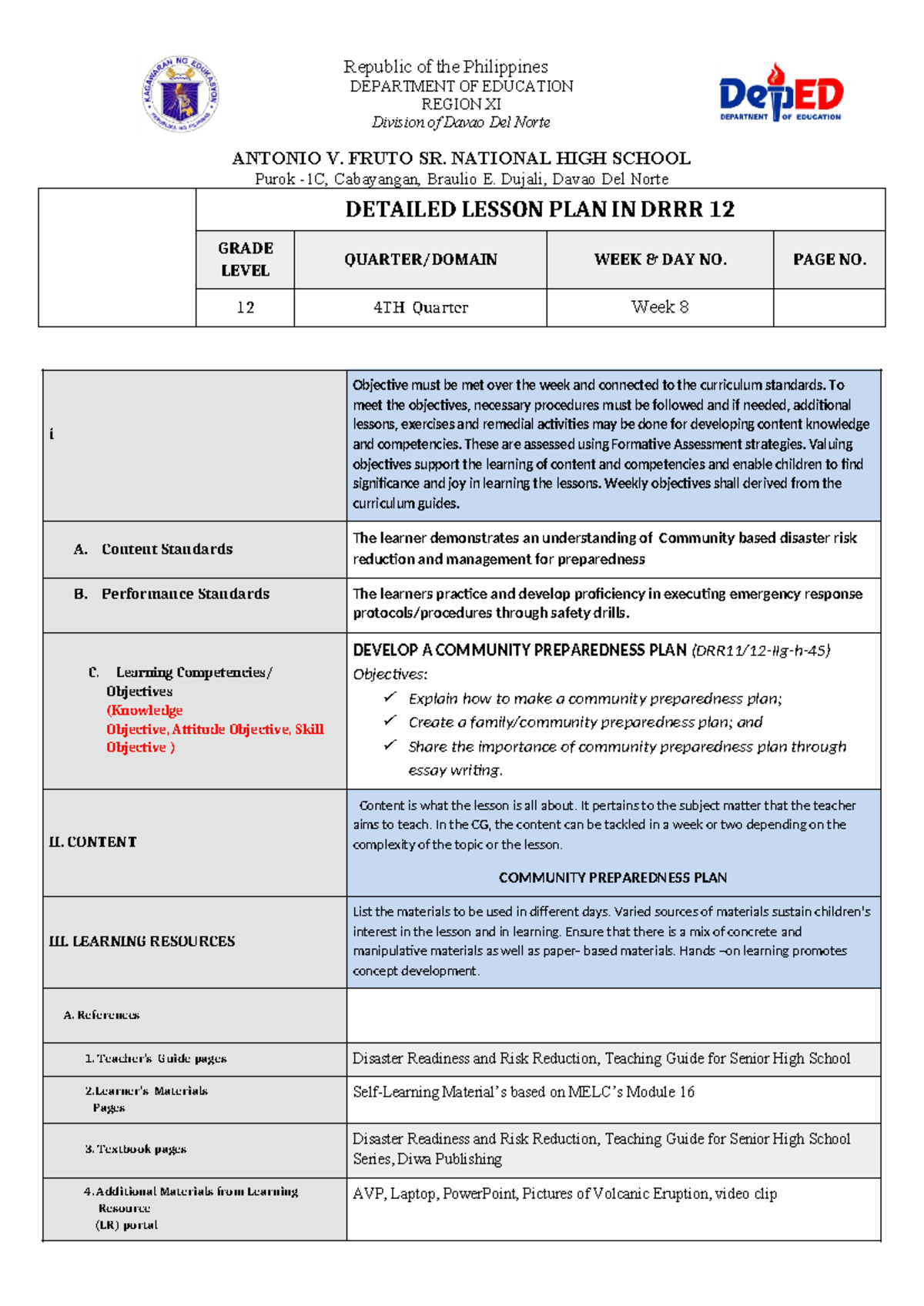 DRRR 12 - Detailed Lesson Plan on Community Preparedness - Studocu
