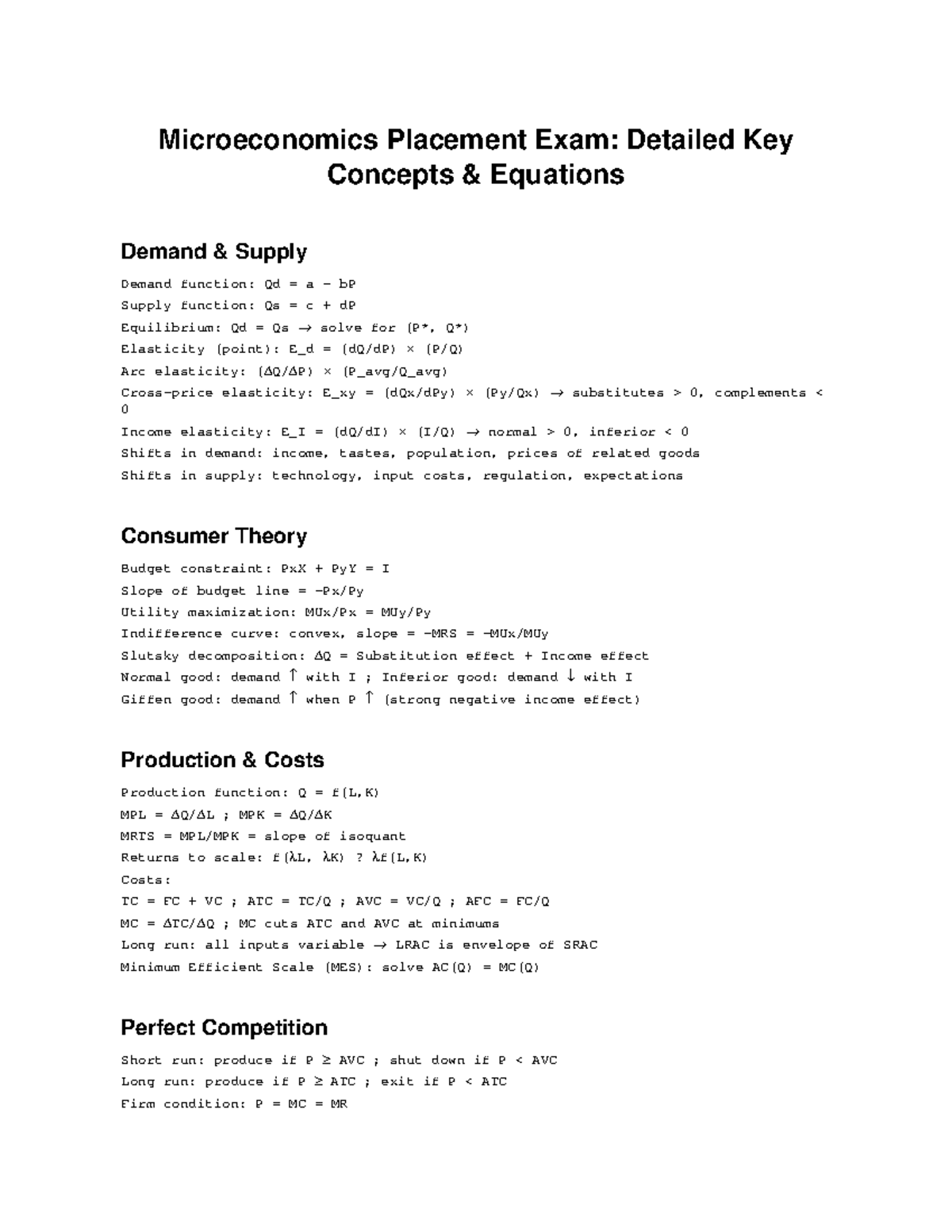 Microeconomics Placement Exam: Key Concepts & Equations Guide - Studocu
