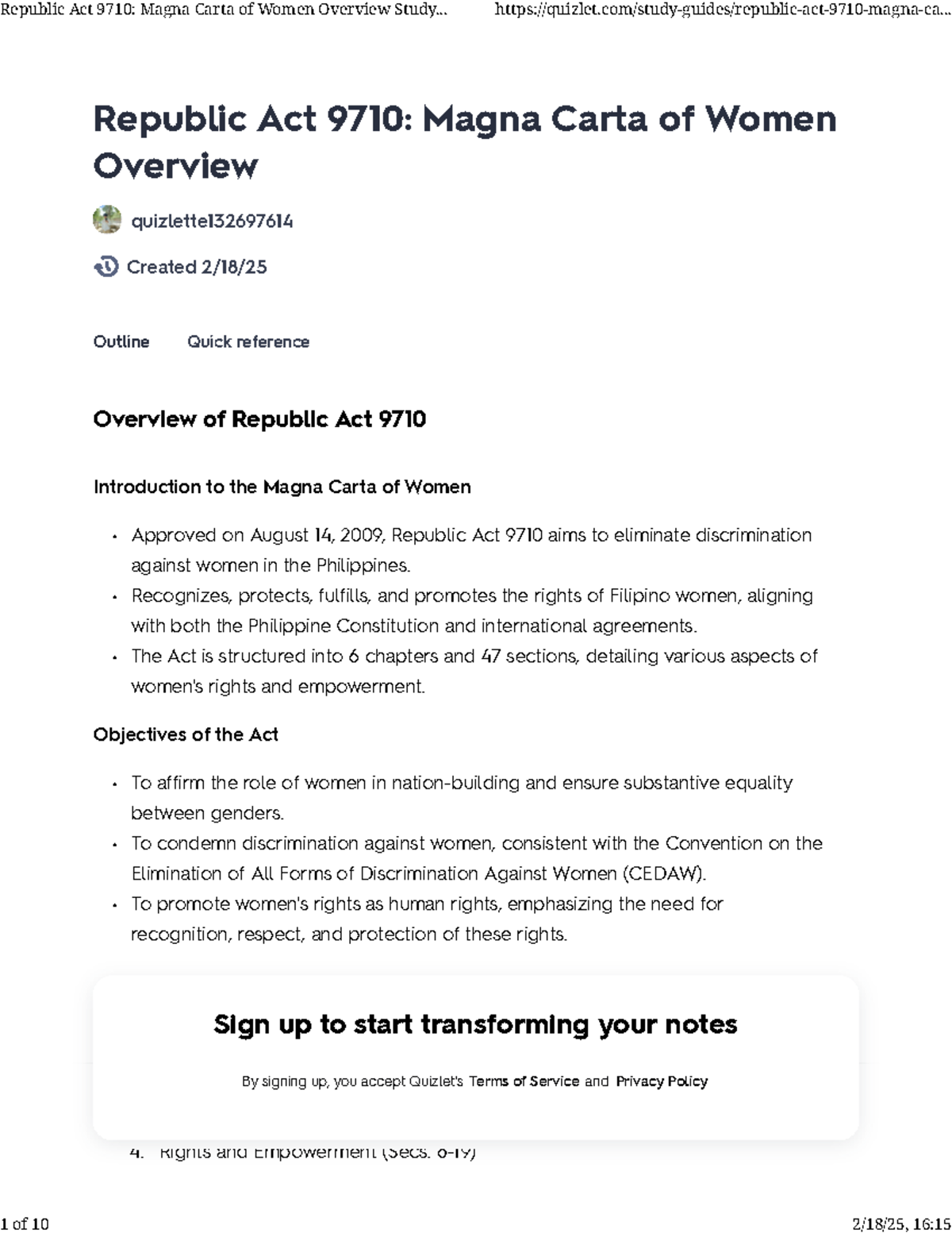 Republic Act 9710 Magna Carta of Women Overview Study Guide Quizlet ...