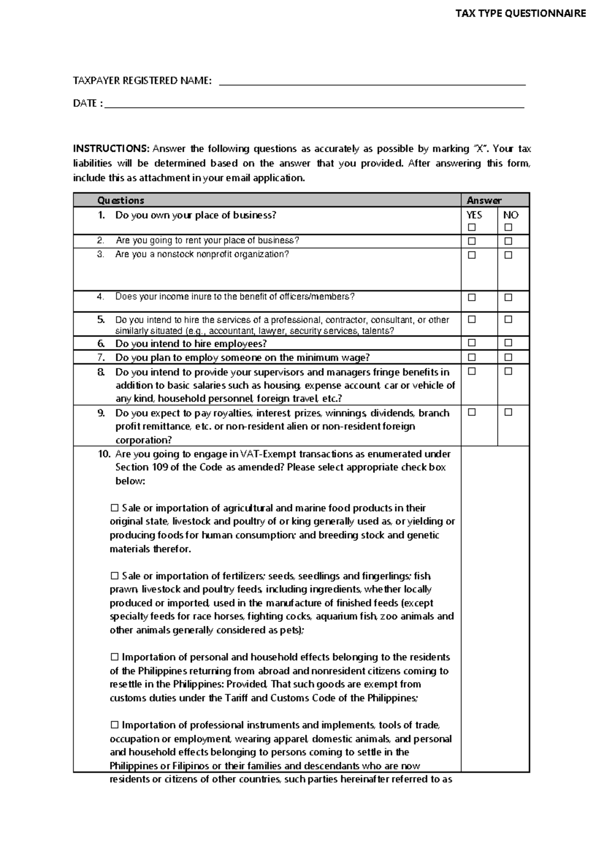BIR tax types questionnaire - TAXPAYER REGISTERED NAME: - Studocu