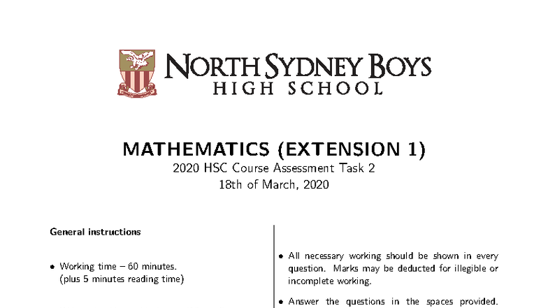 2020 HSC Mathematics Extension 1 Task 2 Assessment Guide - Studocu