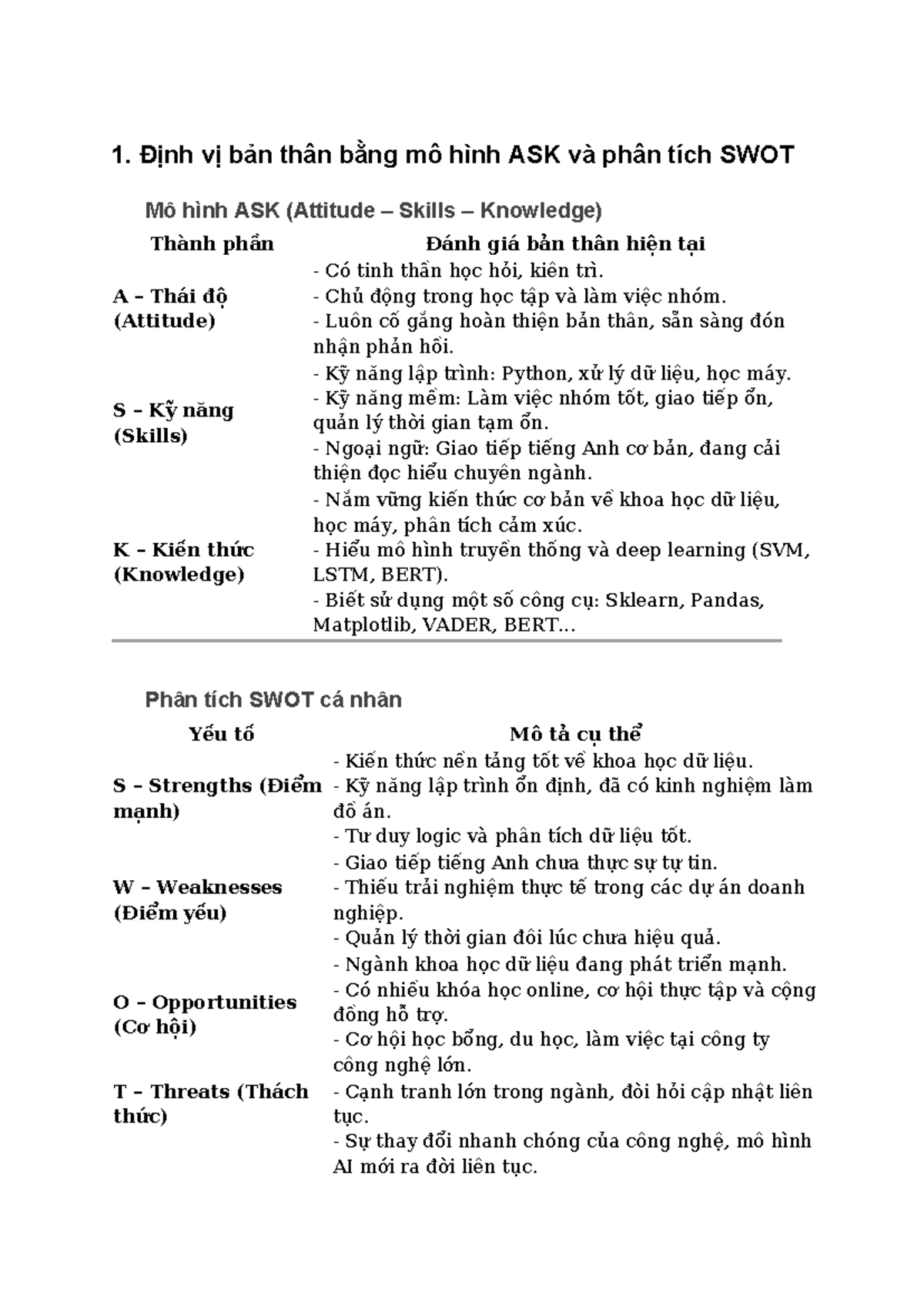 Định vị bản thân qua mô hình ASK và phân tích SWOT cá nhân - Studocu