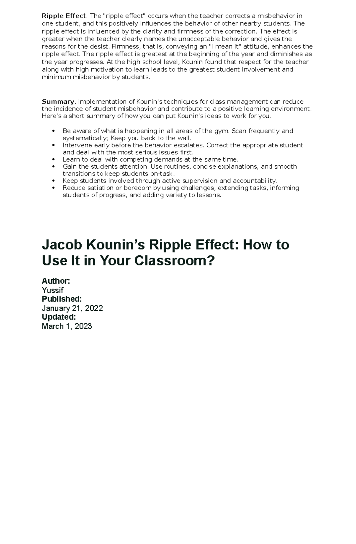 Kounin's Ripple Effect: Strategies for Effective Classroom Mgmt - Studocu