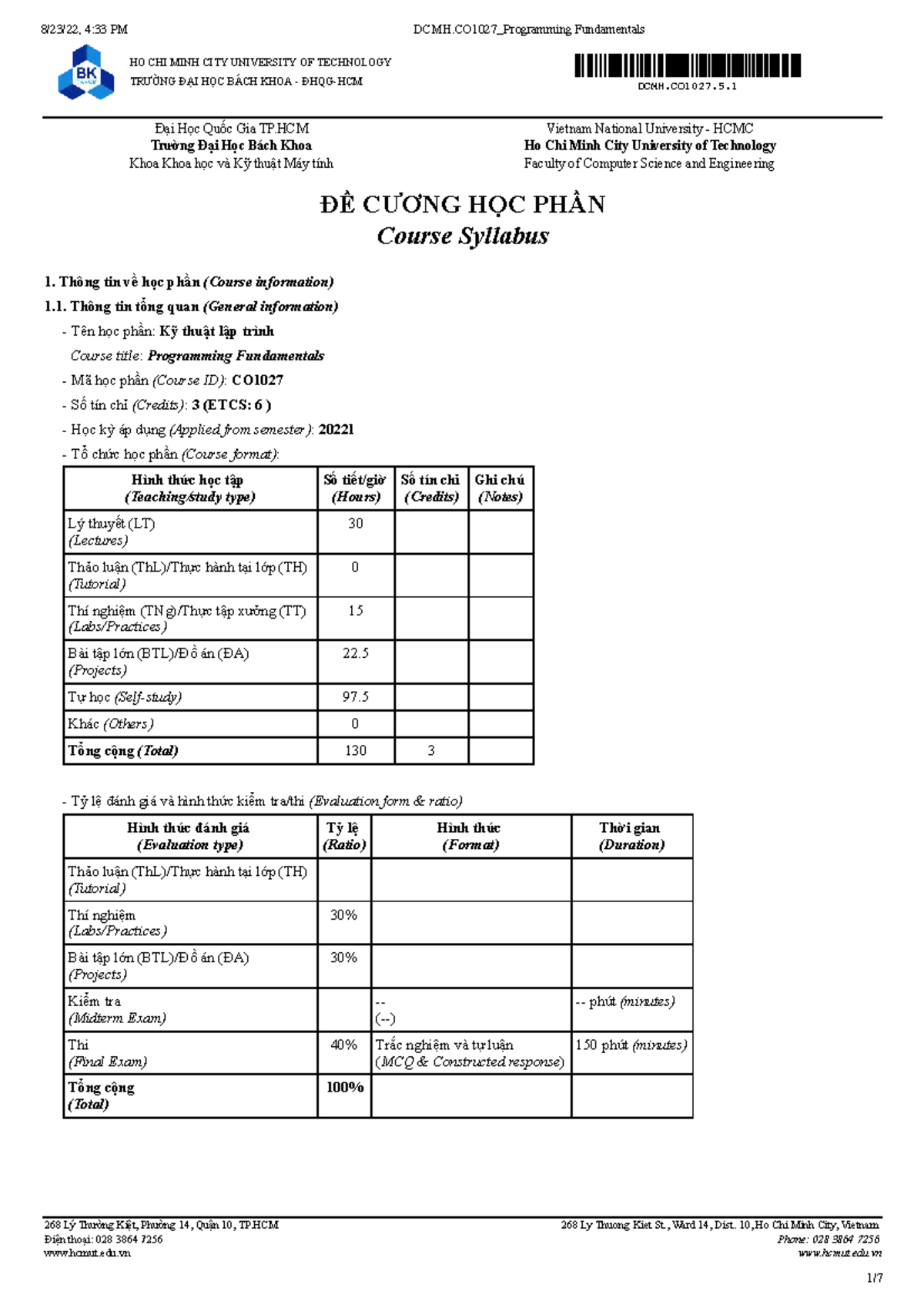 DCMH.CO1027 Programming Fundamentals Course Syllabus - HCMC University ...