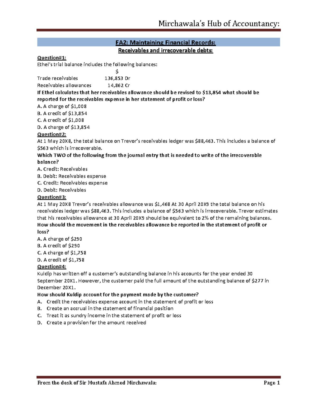 FA2 Bad Debt Allowance - Test Questions and Solutions - Studocu