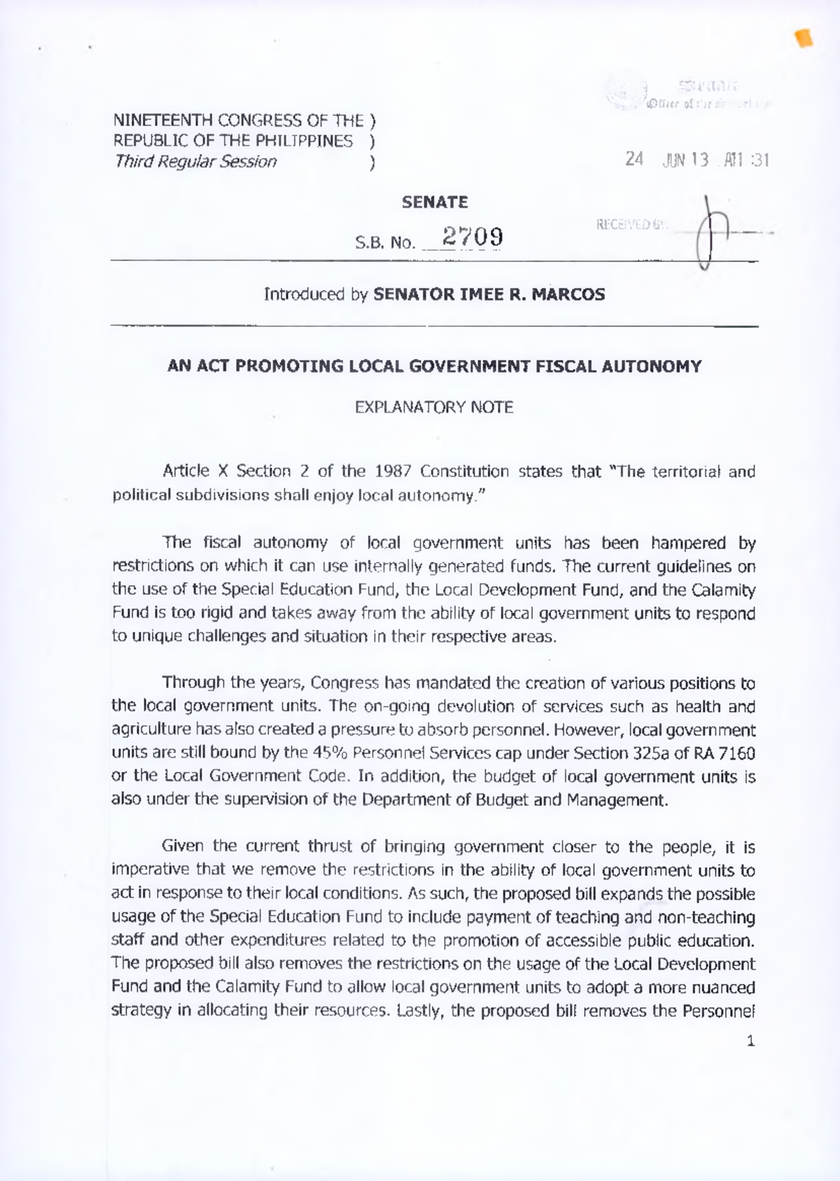 S.B. No. 2709 - Promoting Local Government Fiscal Autonomy in the ...
