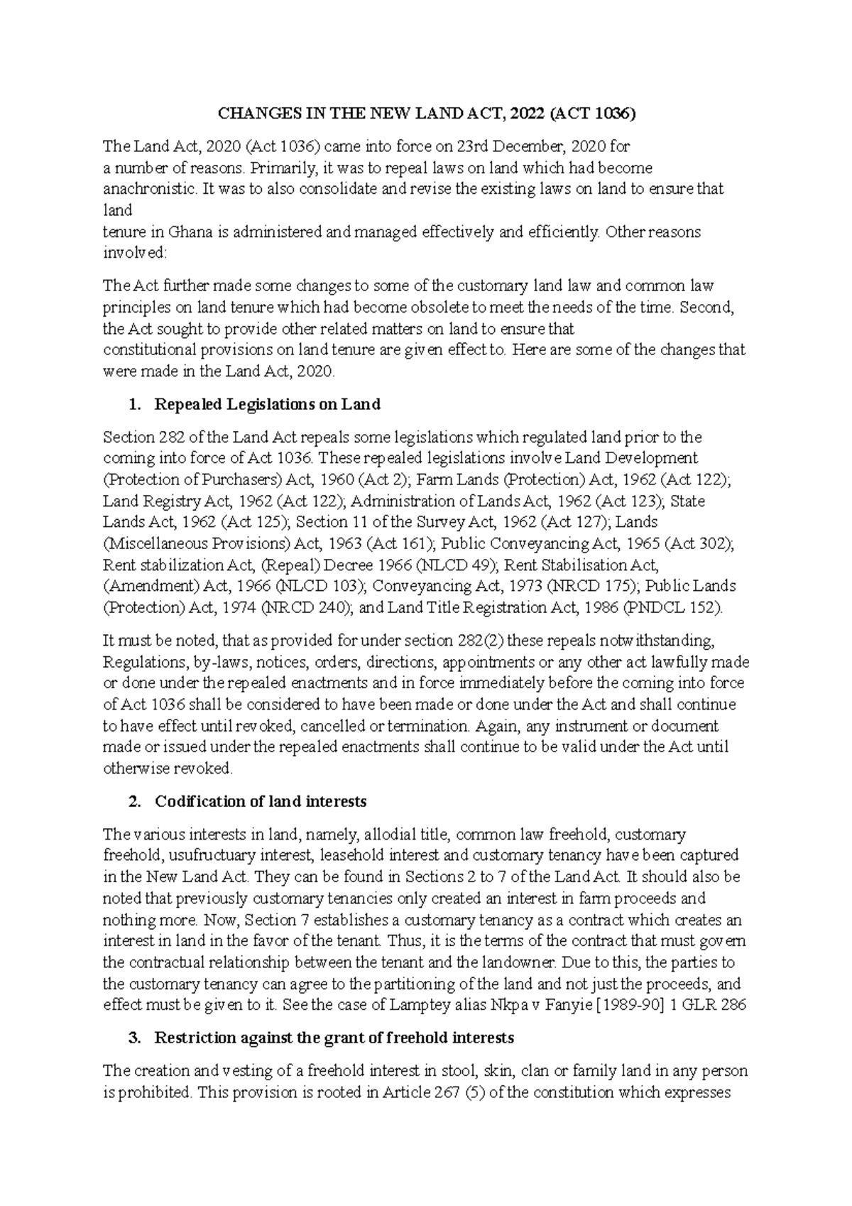 Changes in the Land Act, 2022 (Act 1036): Key Revisions Explained - Studocu