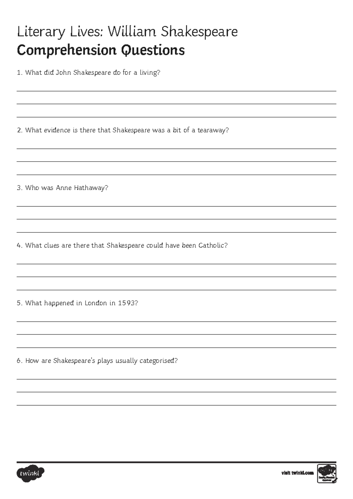 ENG 201: William Shakespeare Comprehension Questions Guide - Studocu