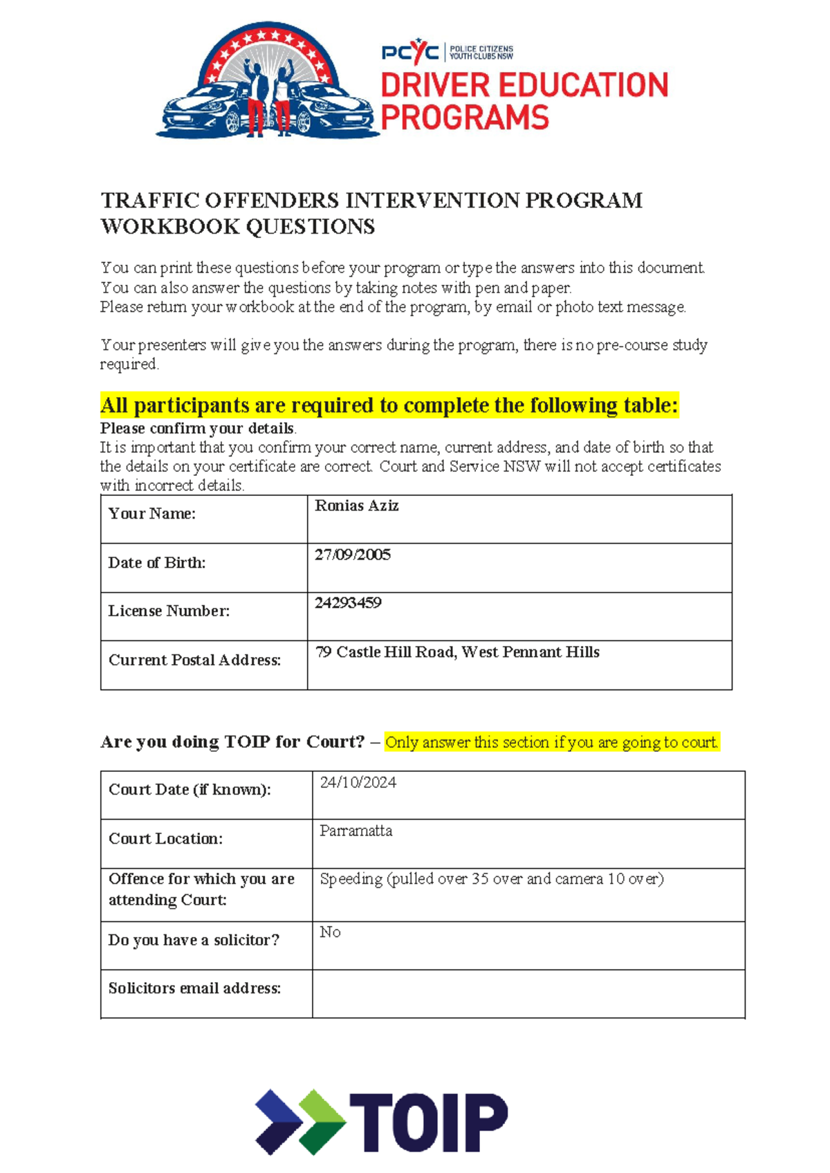 TOIP Workbook - Traffic Offenders Course PCYC Reflections & Insights ...