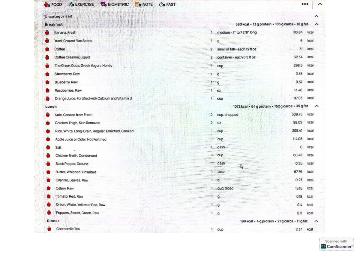 FOOD EXERCISE BIOMETRIC NOTES: Nutrient Breakdown & Analysis - Studocu