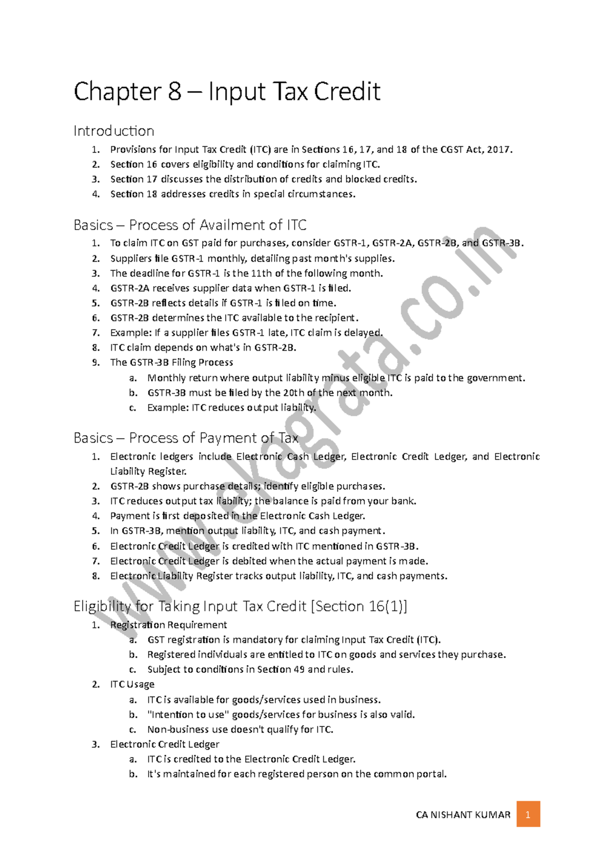 Chapter 8 - Understanding Input Tax Credit (ITC) Regulations - Studocu