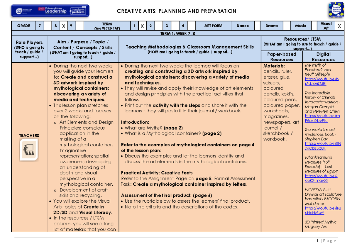 Lesson Plan Gr 8 Creative Arts Visual Art T1 Weeks 7 & 8 - Studocu