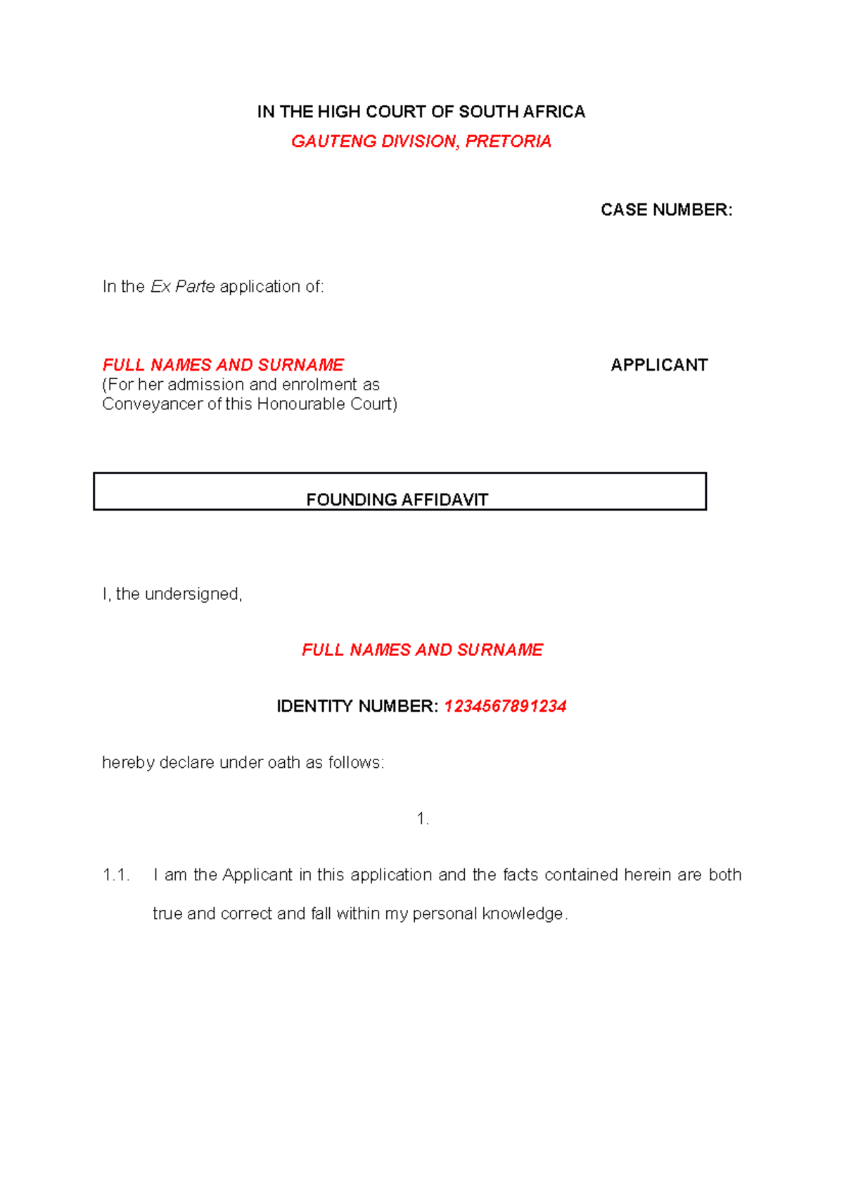 Founding Affidavit for Admission as Conveyancer (Legal Practice Act ...