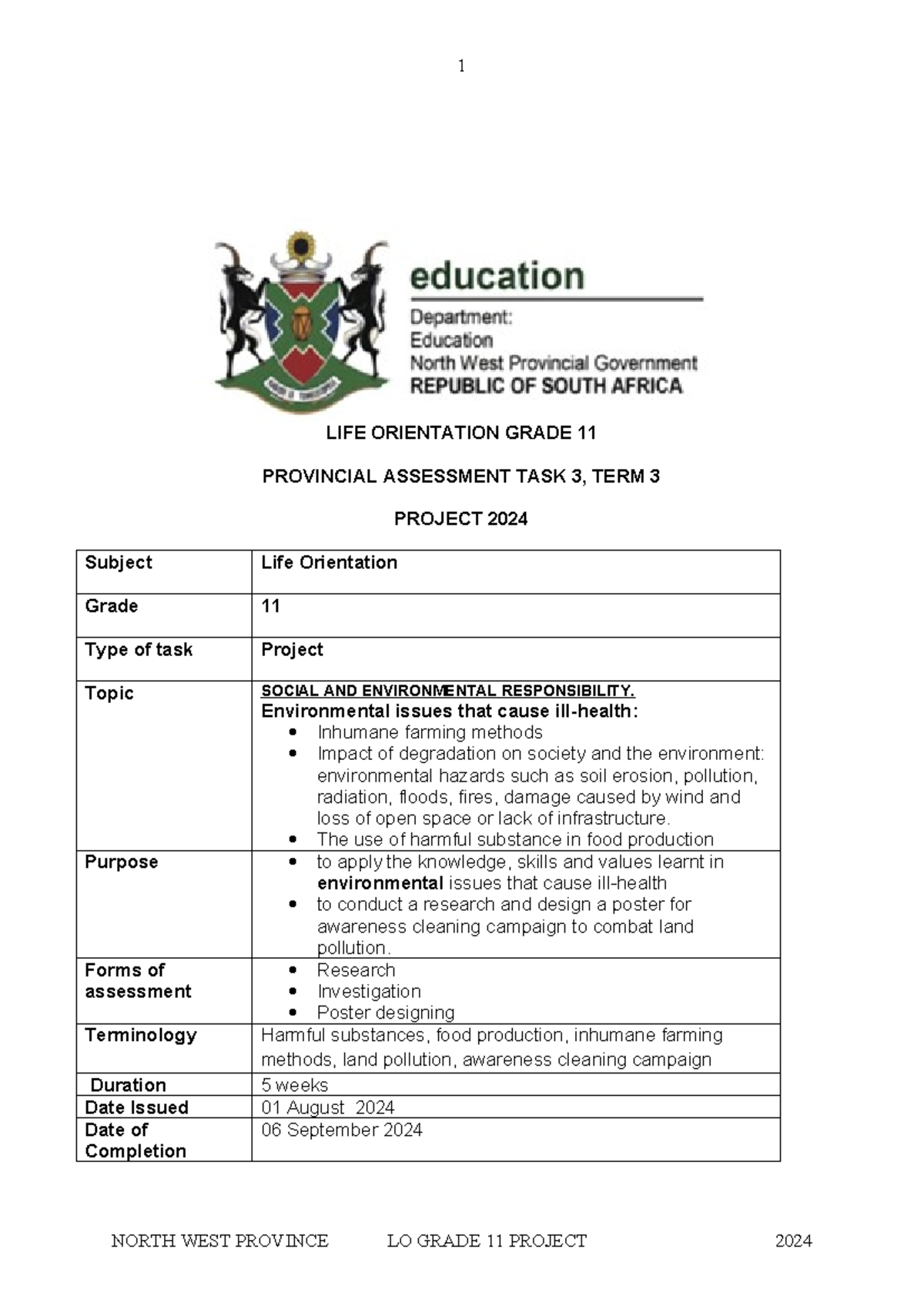 LO Grade 11 Project 2024: Social and Environmental Responsibility - Studocu
