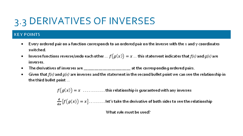 3.3 Derivatives of Inverses: Key Points and Practice Examples - Studocu