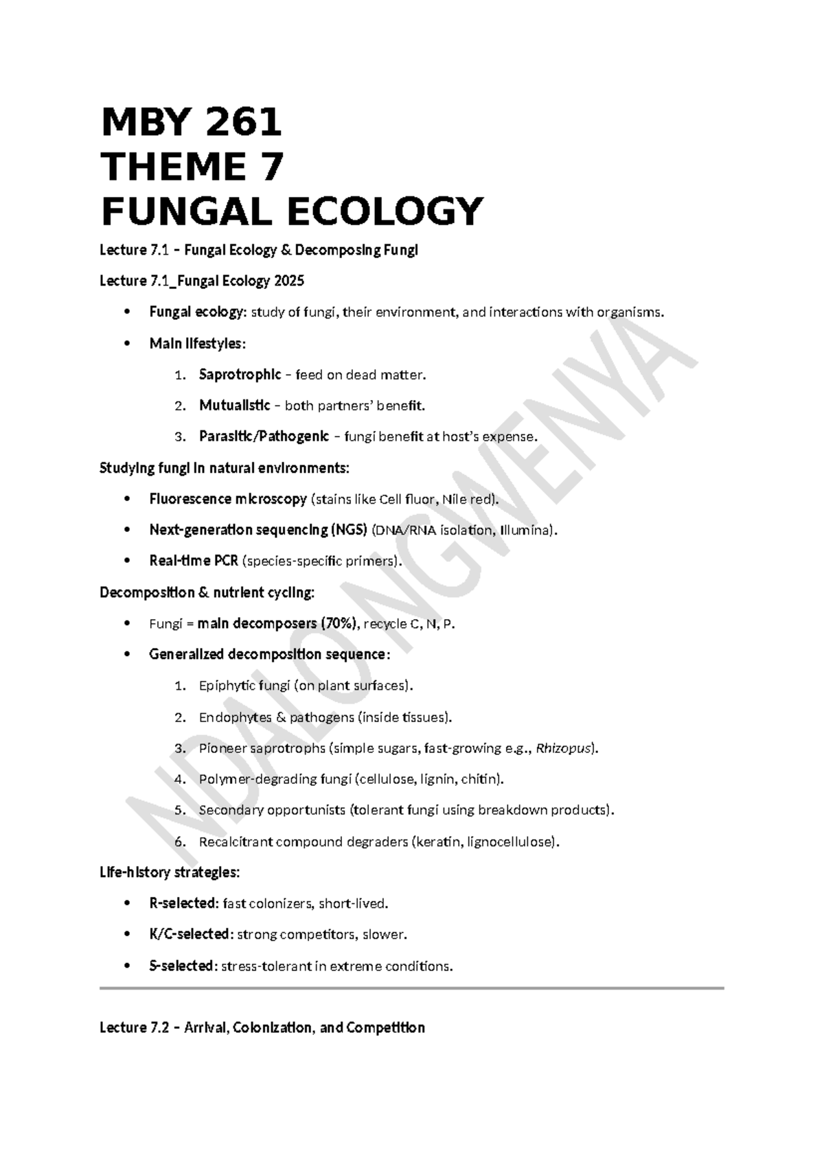 MBY 261 Theme 7: Fungal Ecology - Lecture Notes and Insights - Studocu