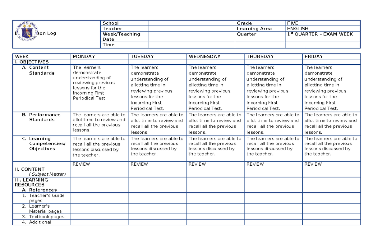 DLL WEEK 9: English V Review for 1st Quarter Exam - Studocu
