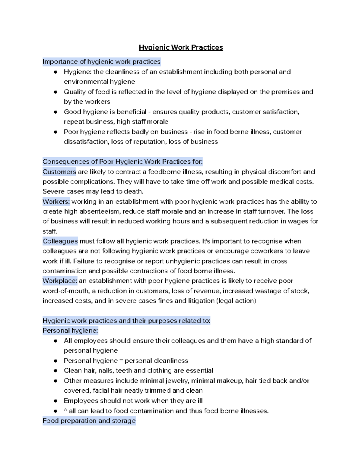 Hsc hospitality Notes Hygiene - Hygienic Work Practices Importance of ...