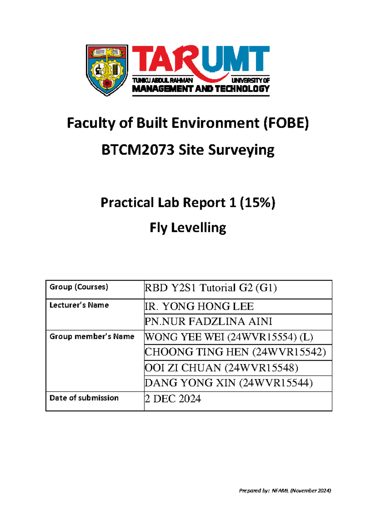 BTCM2073 Site Surveying Lab Report 1: Fly Levelling Analysis - Studocu