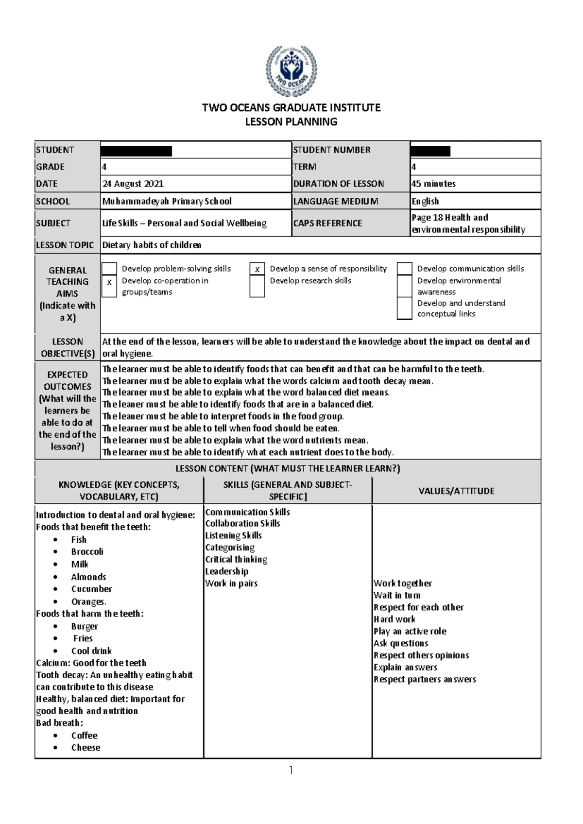 Lesson Plan Example Life Skills Grade 4 - TWO OCEANS GRADUATE INSTITUTE ...