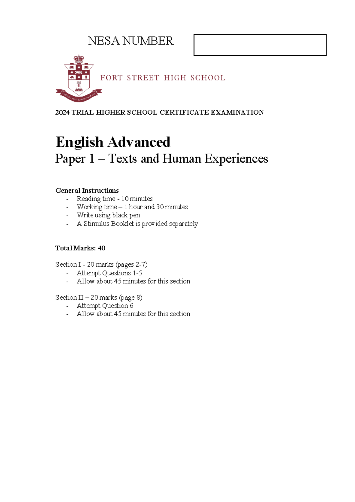 2024 FSHS Advanced Paper 1 Question Booklet Alternate - NESA NUMBER ...