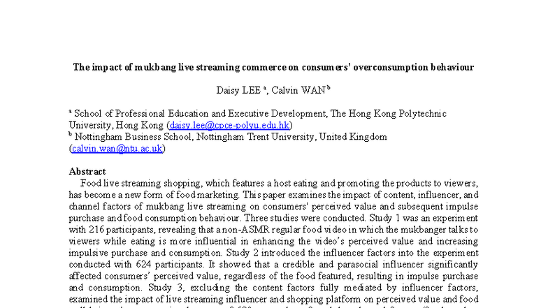 Daisy Lee - The Impact of Mukbang Live Streaming Commerce on ...