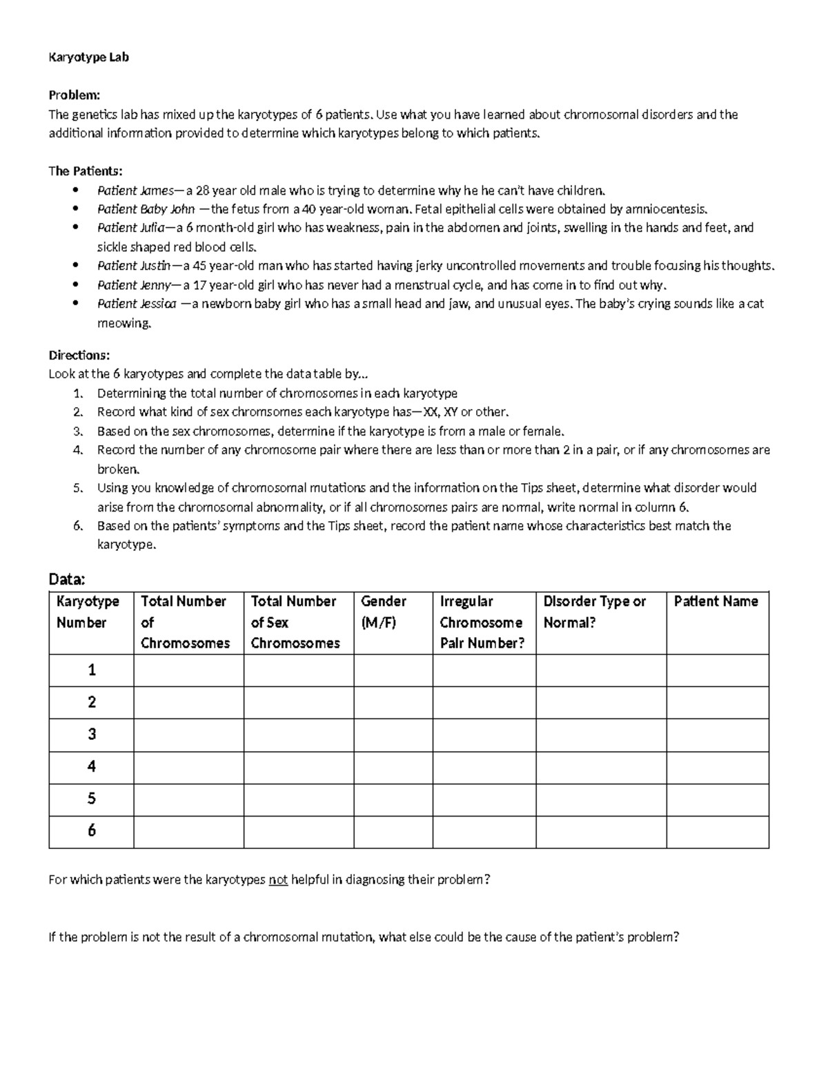 Karyotype Lab Activity: Analyzing Chromosomal Disorders in Patients ...