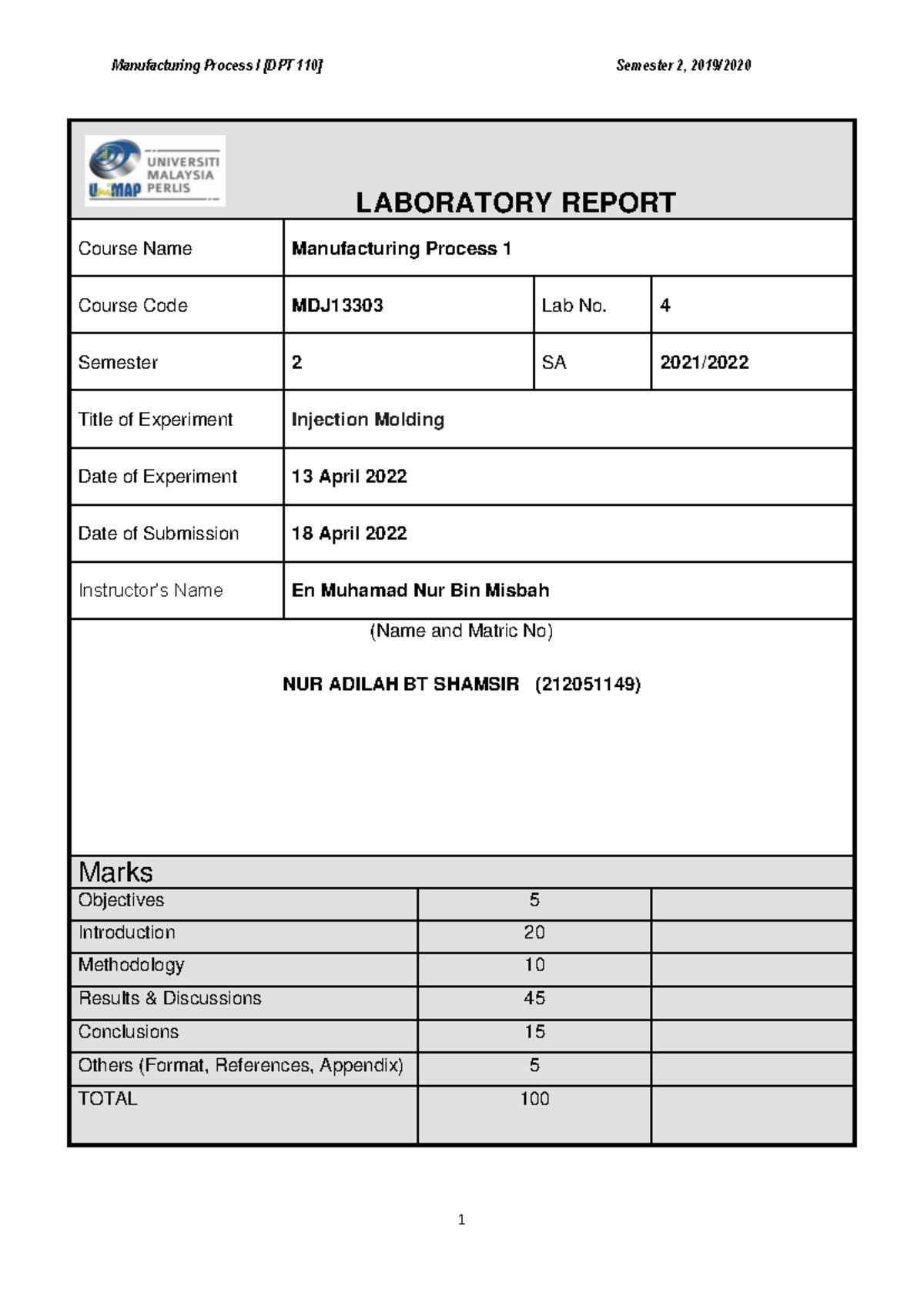 Lab 4 - Injection Molding Processes Report (MDJ13303) - Studocu